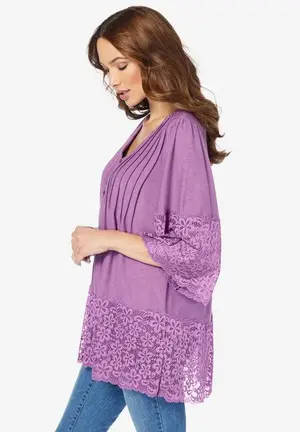 Roaman's Lace Hem Pintuck Tunic With Pearlized Buttons - Dark Berry