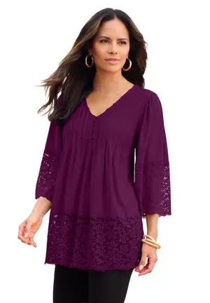 Roaman's Lace Hem Pintuck Tunic With Pearlized Buttons - Dark Berry