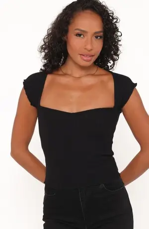 PETAL & PUP Maura Rib Sweetheart Neck Top - Black