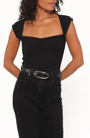PETAL & PUP Maura Rib Sweetheart Neck Top - Black