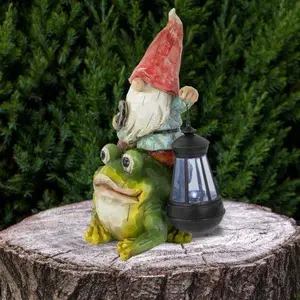 NORTHLIGHT Led Solar Lighted Gnome And Frog Outdoor Garden Statue12.5