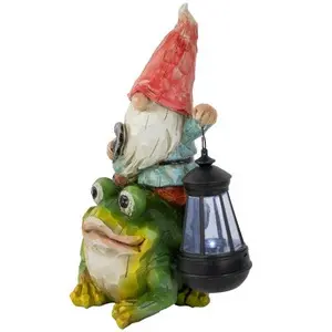 NORTHLIGHT Led Solar Lighted Gnome And Frog Outdoor Garden Statue12.5