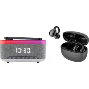PURSONIC Complete Wireless Audio & Charging Bundlealarm Clock Radio Speaker With Wireless Charger + Earbuds - Black