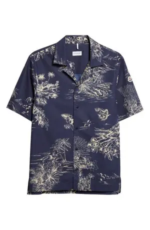 Moncler Tropical Print Short Sleeve Cotton Poplin Snap-up Shirt - Blue
