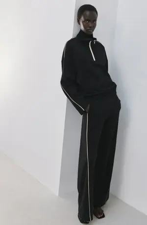 Mango Side Piped Knit Wide Leg Pants - Black