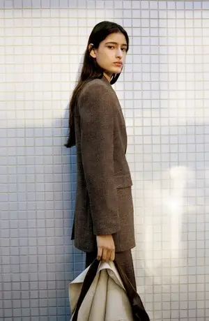 Mango Herringbone Double-breasted Blazer - Chocolate