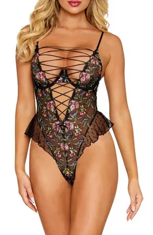 DREAMGIRL Ruffled Lace Underwire Teddy - Black