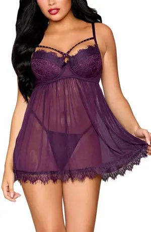 DREAMGIRL Underwire Babydoll Chemise & G-string Set - Eggplant