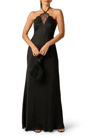 Adrianna Papell Leopard Jacquard & Lace Halter Gown