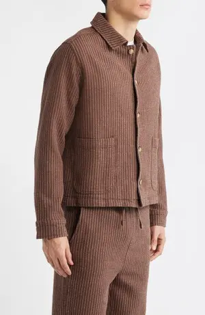 PERCIVAL Sorrento Pinstripe Cotton & Linen Button-up Overshirt - Brown