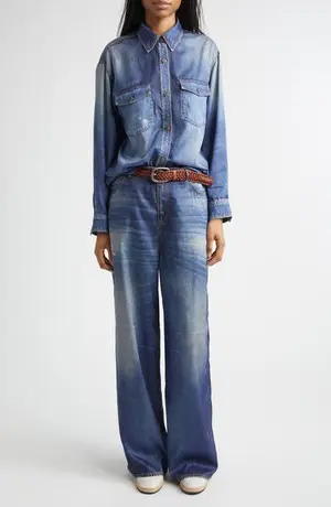 GOLDEN GOOSE Journey Patty Distressed Twill Button-up Shirt - Blue