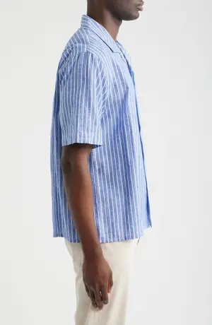 CORRIDOR Stripe Linen & Cotton Camp Shirt - Blue
