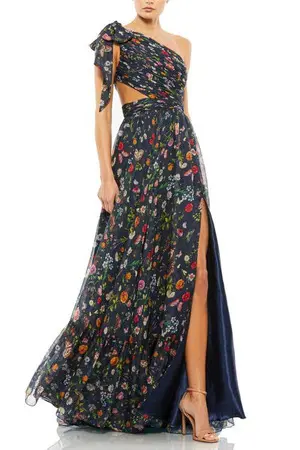 Mac Duggal One-shoulder Floral Gown - Navy Multi