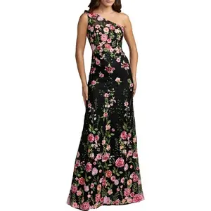 Mac Duggal MAC DUGGAL One Shoulder Lace Embroidered Gown Black Multi
