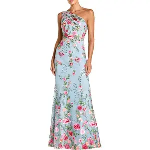 Mac Duggal Petite One Shoulder Lace Embroidered Gown - Powder Blue Multi