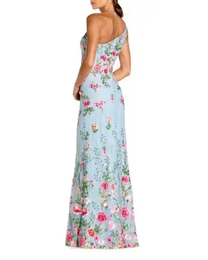 Mac Duggal Petite One Shoulder Lace Embroidered Gown - Powder Blue Multi