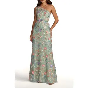 Mac Duggal Petite One Shoulder Lace Embroidered Gown - Sage Multi