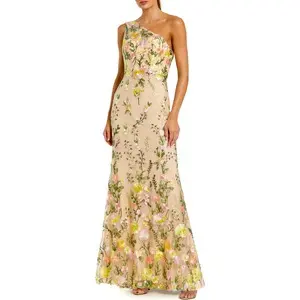 Mac Duggal Petite One Shoulder Lace Embroidered Gown - Yellow Multi