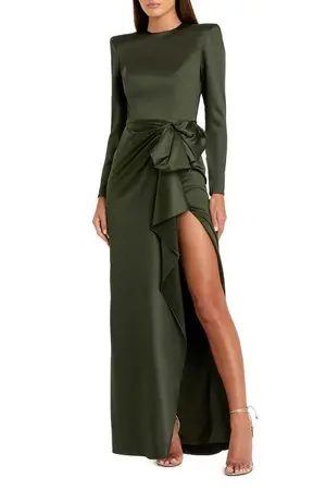 Mac Duggal Satin Bow Draped Column Gown - Olive