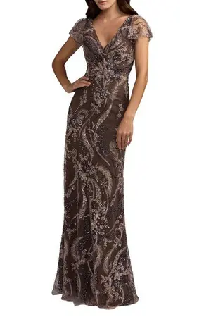 Mac Duggal Petite V-neck Flutter Sleeve Floral Embroidered Gown - Chocolate