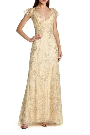 Mac Duggal Petite V-neck Flutter Sleeve Floral Embroidered Gown - Gold