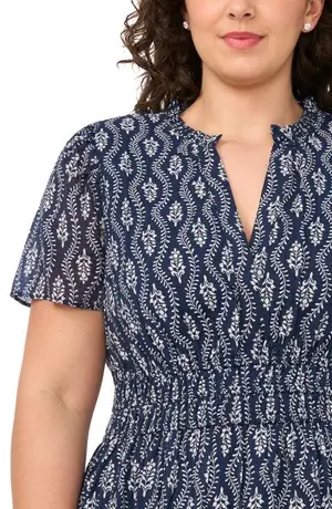 CECE DUPRAZ Printed Smocked Waist Maxi Dress - Classic Navy