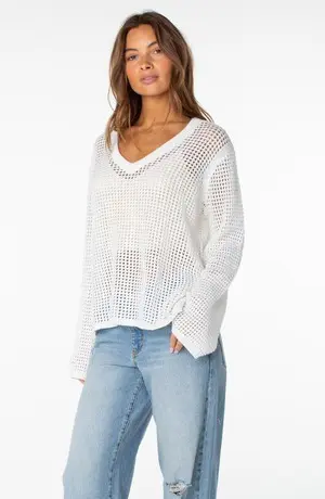 Roxy Open Knit V-neck Top - Cloud Dancer