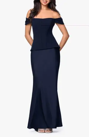 Betsy & Adam Off-the-shoulder Mixed Media Gown