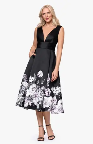 Betsy & Adam Floral Border Plunge Neck Cocktail Midi Dress
