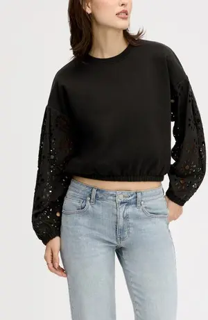 Sam Edelman Eyelet Mixed Media Sweatshirt - True Black