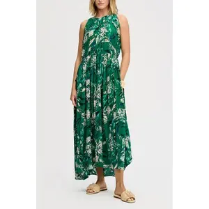 Sam Edelman Printed Sleeveless Maxi Dress With Side Ties - Dark Spring Green