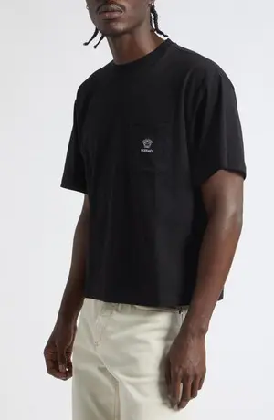 Versace Embroidered Cotton Jersey Pocket T-shirt - Black
