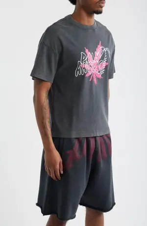Palm Angels Palm Leaf Regular Fit Graphic T-shirt - Black Fuchsia