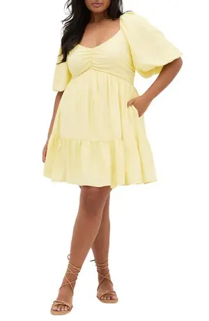 City Chic Mindy Puff Sleeve Dress - Lemon Drop