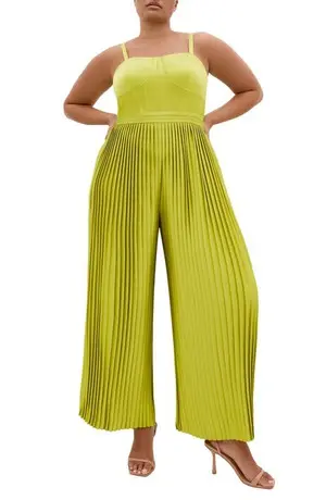 City Chic Pleated Satin Jumpsuit Chartreuse