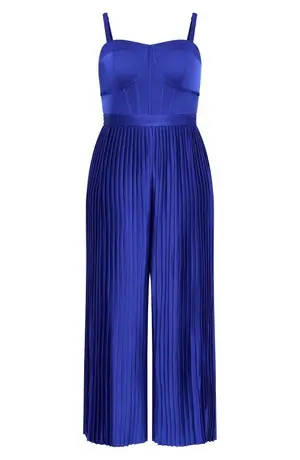 City Chic Pleated Satin Jumpsuit - Cobalt