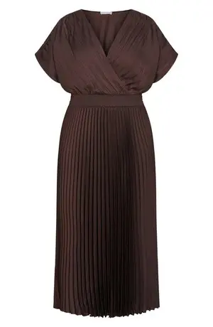 City Chic Elia Faux Wrap Pleated Dress - Chocolate