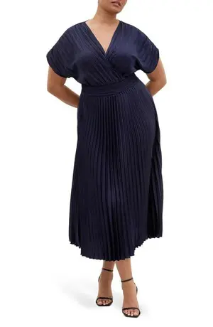 City Chic Elia Faux Wrap Pleated Dress - Navy