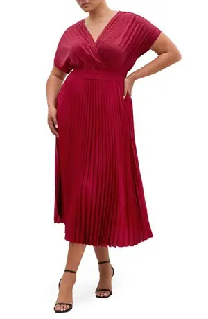 City Chic Elia Faux Wrap Pleated Dress - Ruby