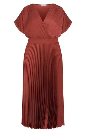 City Chic Elia Faux Wrap Pleated Dress - Sienna
