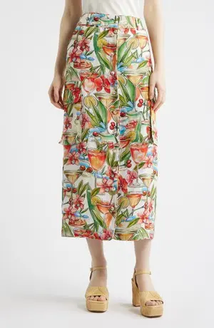 Farm Rio Cocktail Print Linen Midi Skirt