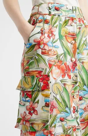 Farm Rio Cocktail Print Linen Midi Skirt