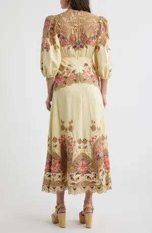 Farm Rio Embroidered Lace Linen Blend Midi Dress