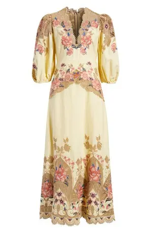 Farm Rio Embroidered Lace Linen Blend Midi Dress