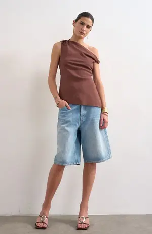 Topshop Twist One-shoulder Asymmetric Top - Chocolate