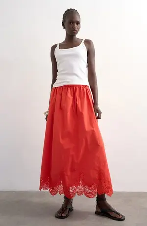 Topshop Lace Hem Maxi Skirt - Red