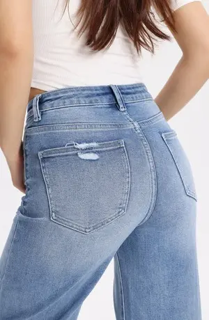 BAYEAS Cuffed Raw Hem High-waist Wide-leg Jeans - Light Blue