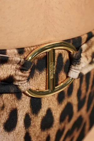 Moschino Bikini Bottom With Leopard Print And Gold Buckle Detail - Brown