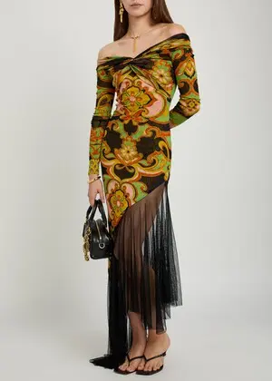 Etro Floral Print Tulle Asymmetric Mesh Maxi Dress