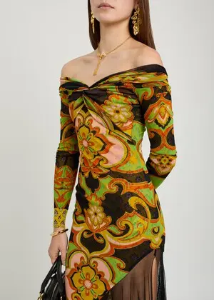 Etro Floral Print Tulle Asymmetric Mesh Maxi Dress